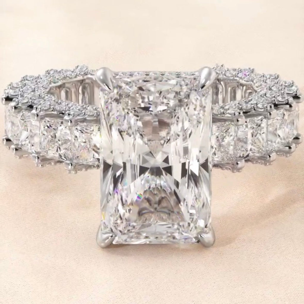 Radiant Cut Engagement Ring with Princess Cut Side Diamonds Iced Out